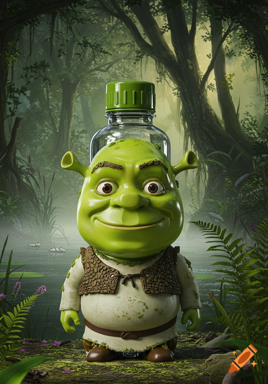 Shrek, a green ogre, stands smiling in a vibrant, mossy forest, holding ...