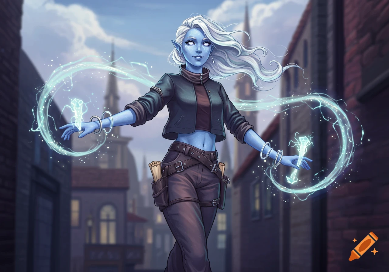 A blue-skinned female fantasy character with white hair, dressed in ...