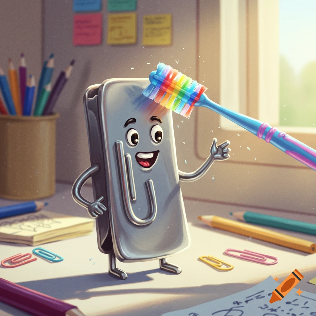 Cartoon illustration of a happy pink eraser dancing on a sketchbook, with two surprised pencil ...