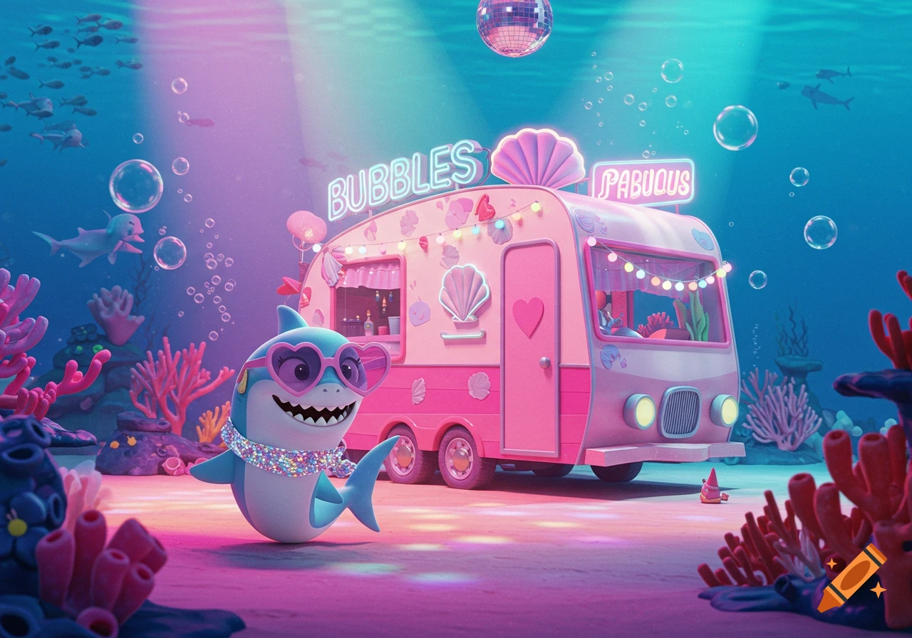 A cartoon shark in pink heart sunglasses and a glittery scarf stands in ...