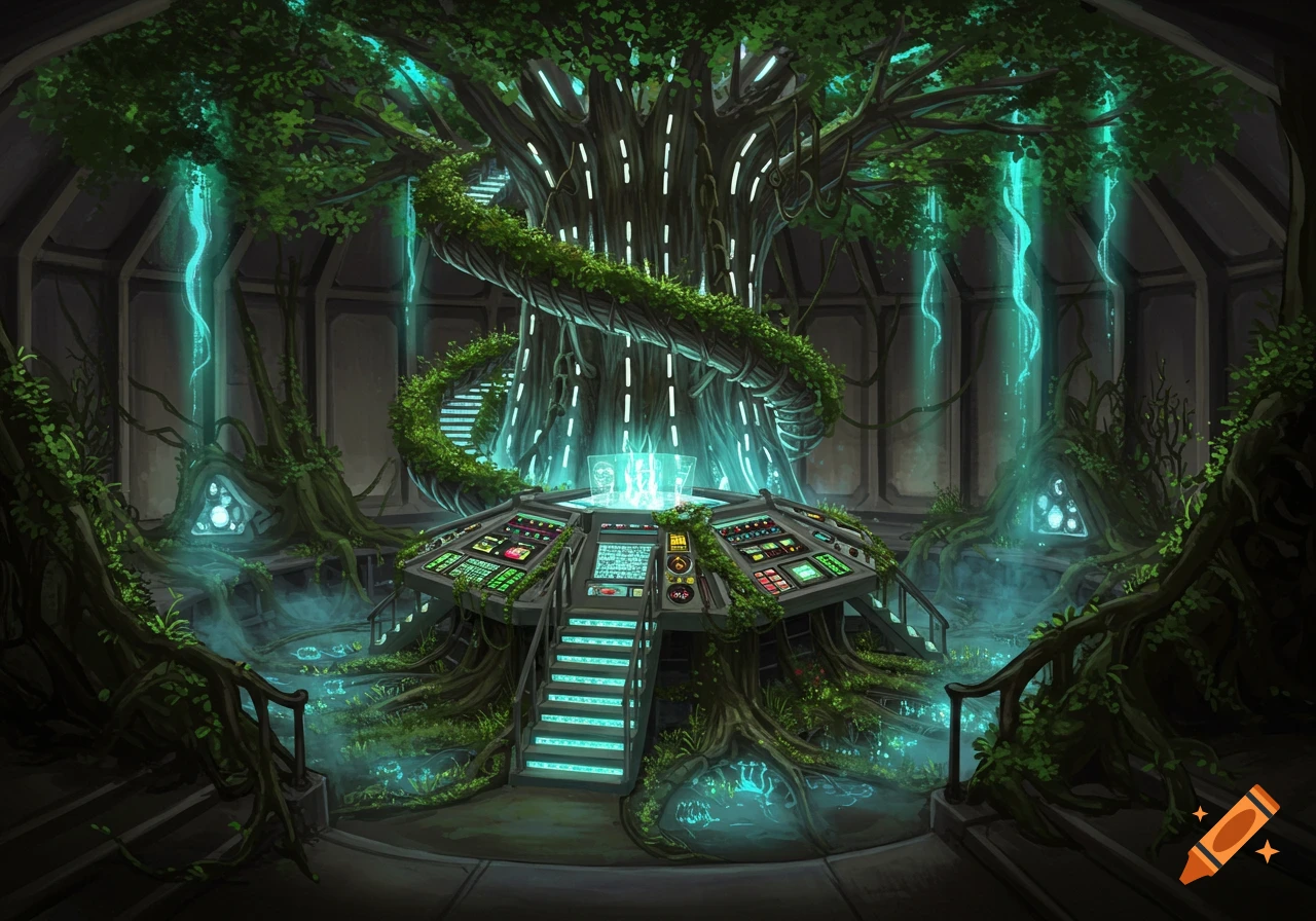A fantastical sci-fi control room with a large glowing console at the base of a giant tree ...