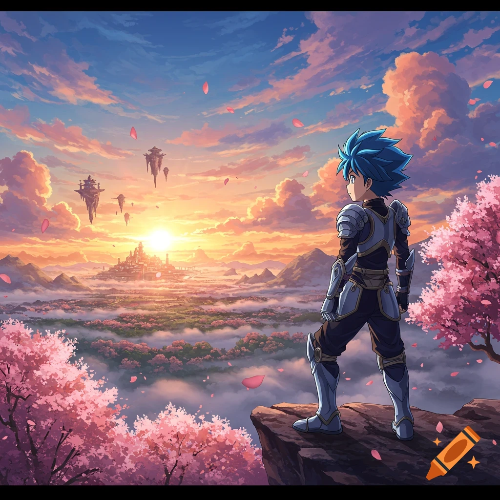 An anime character with long blue and red hair, glowing blue eyes, and ...