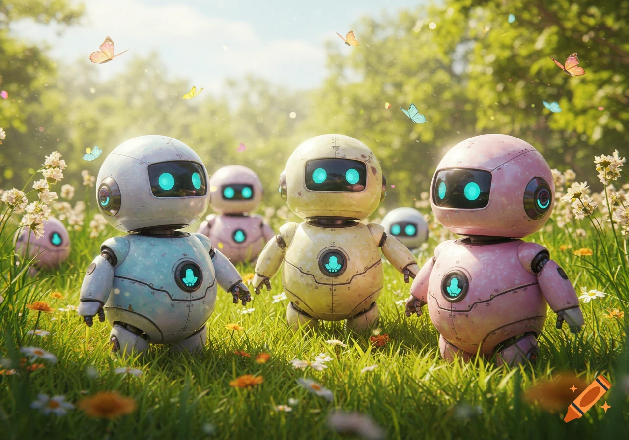 Cute, plump robots in a sunny grassy field with wildflowers and butterflies, in a photorealistic ...