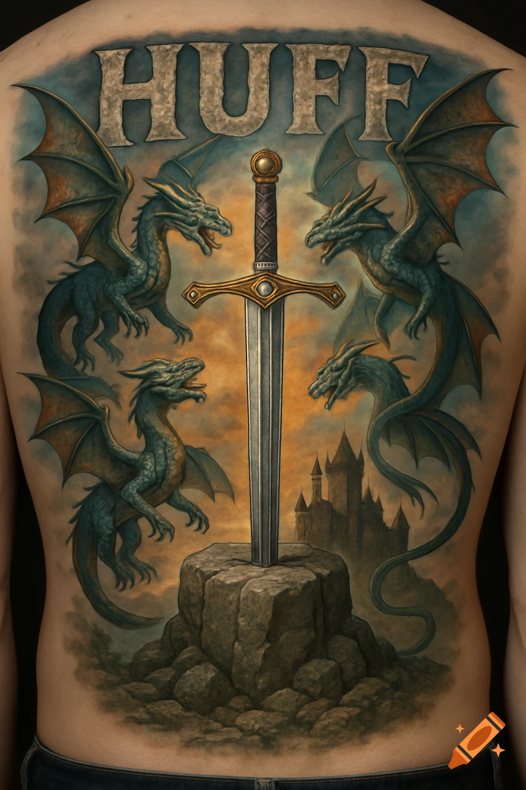 Full back tattoo of Excalibur in stone surrounded by four green dragons ...
