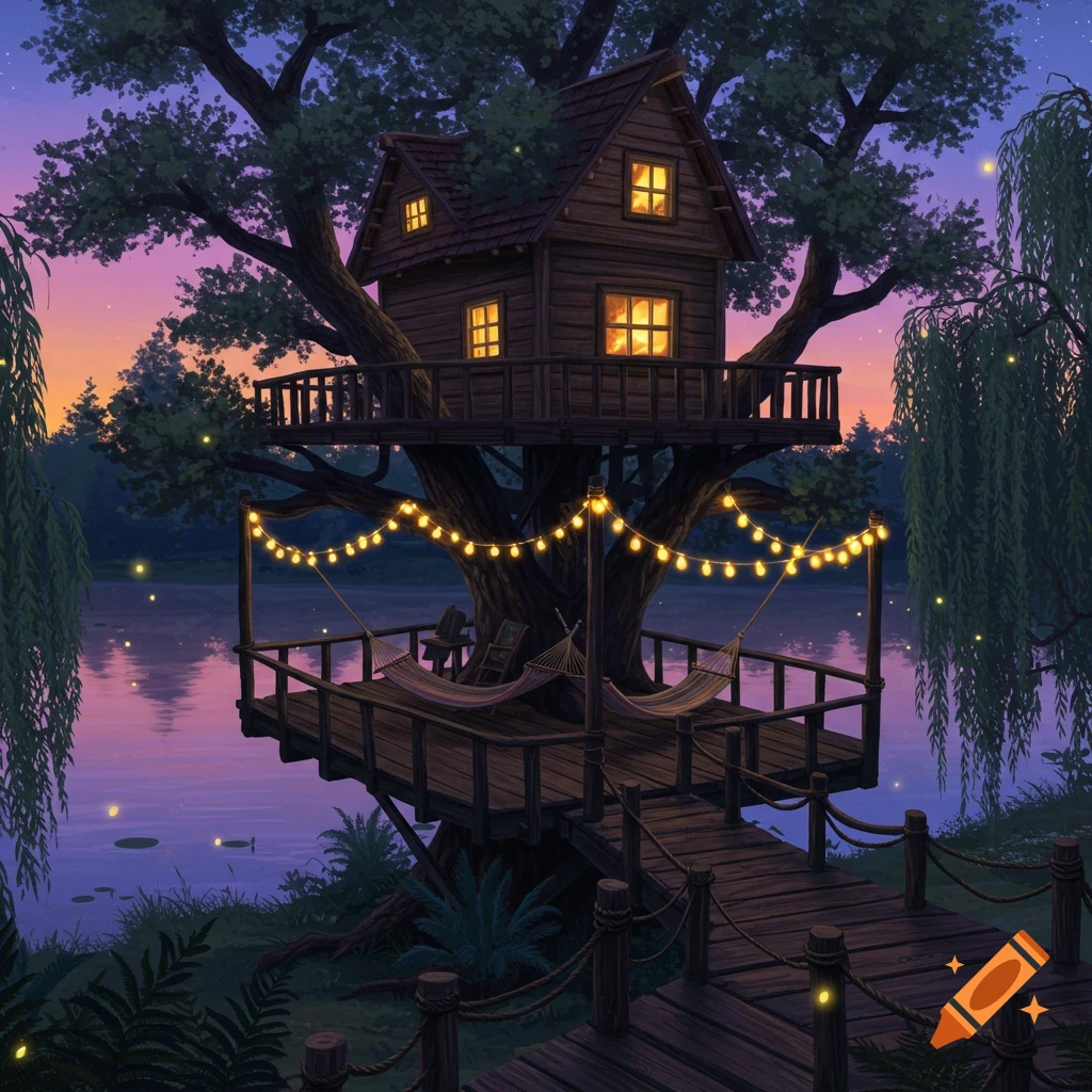 A cozy treehouse on a lake with glowing string lights and hammocks ...