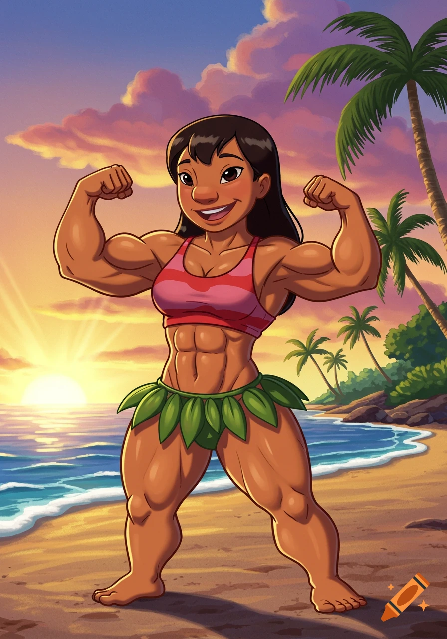 A muscular cartoon character, resembling Lilo, flexing on a beach at sunset. on Craiyon