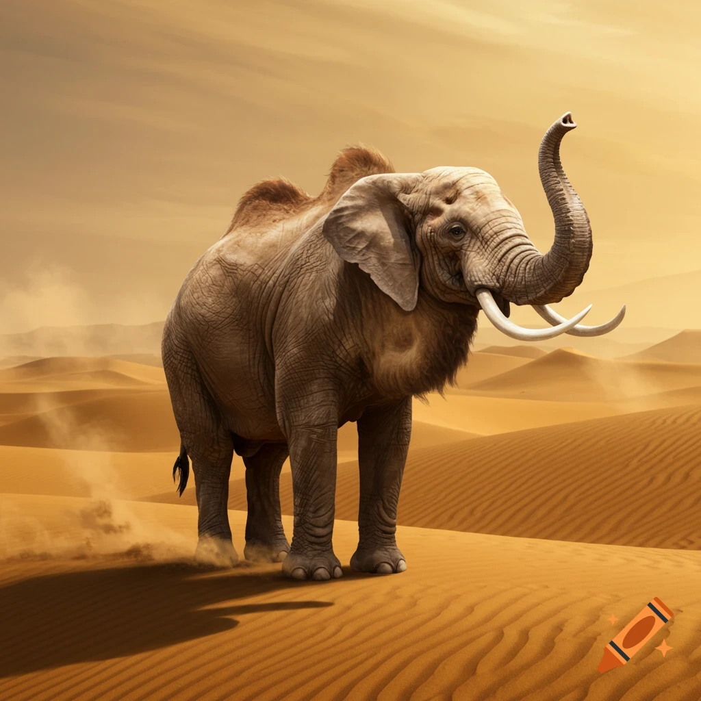A photorealistic elephant-camel hybrid stands on sand dunes in a vast ...