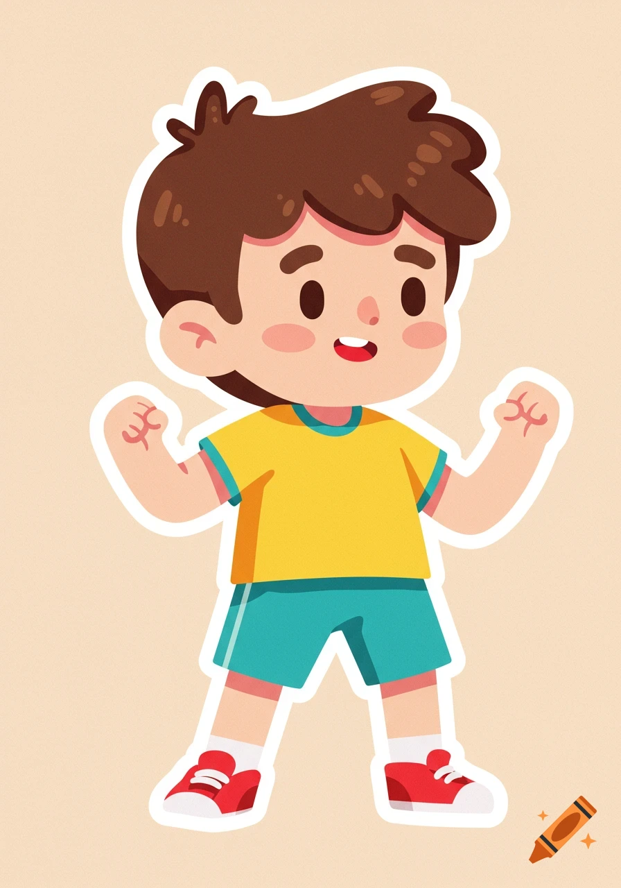 A cartoon boy in a yellow tank top and blue shorts performs a gymnastic ...