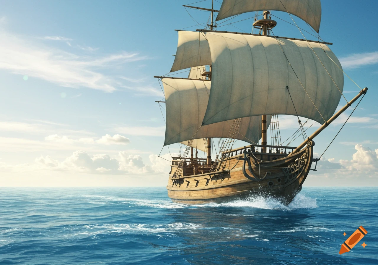 A sailboat with white sails navigates choppy blue water under a bright ...