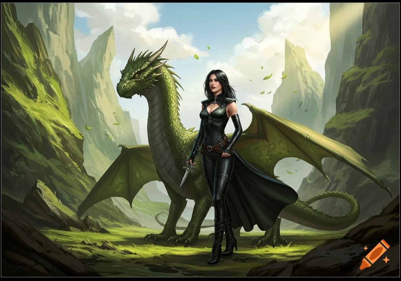 A stylized girl with an evil smile stands in fiery ruins, watching a ...