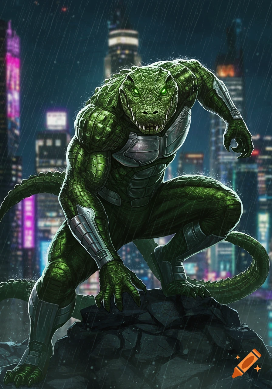 A green frog-like superhero, Frog-Man, leaps through a rainy ...