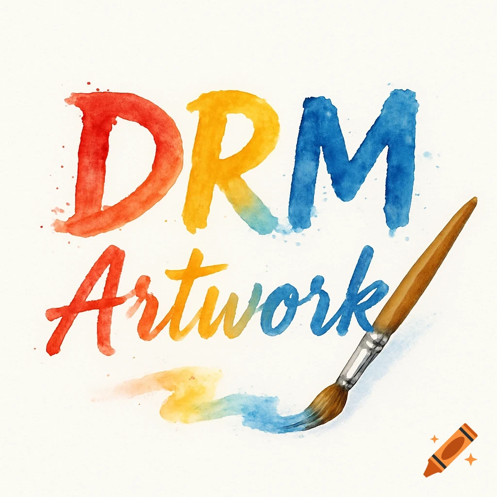 A watercolor logo featuring 'DRM Artwork' in colorful letters with a ...