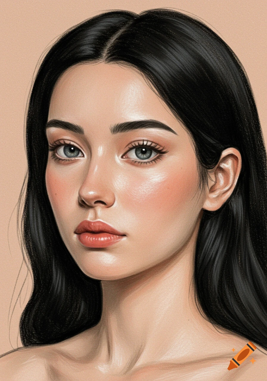 Close-up digital painting of a woman with black hair and grey-blue eyes ...