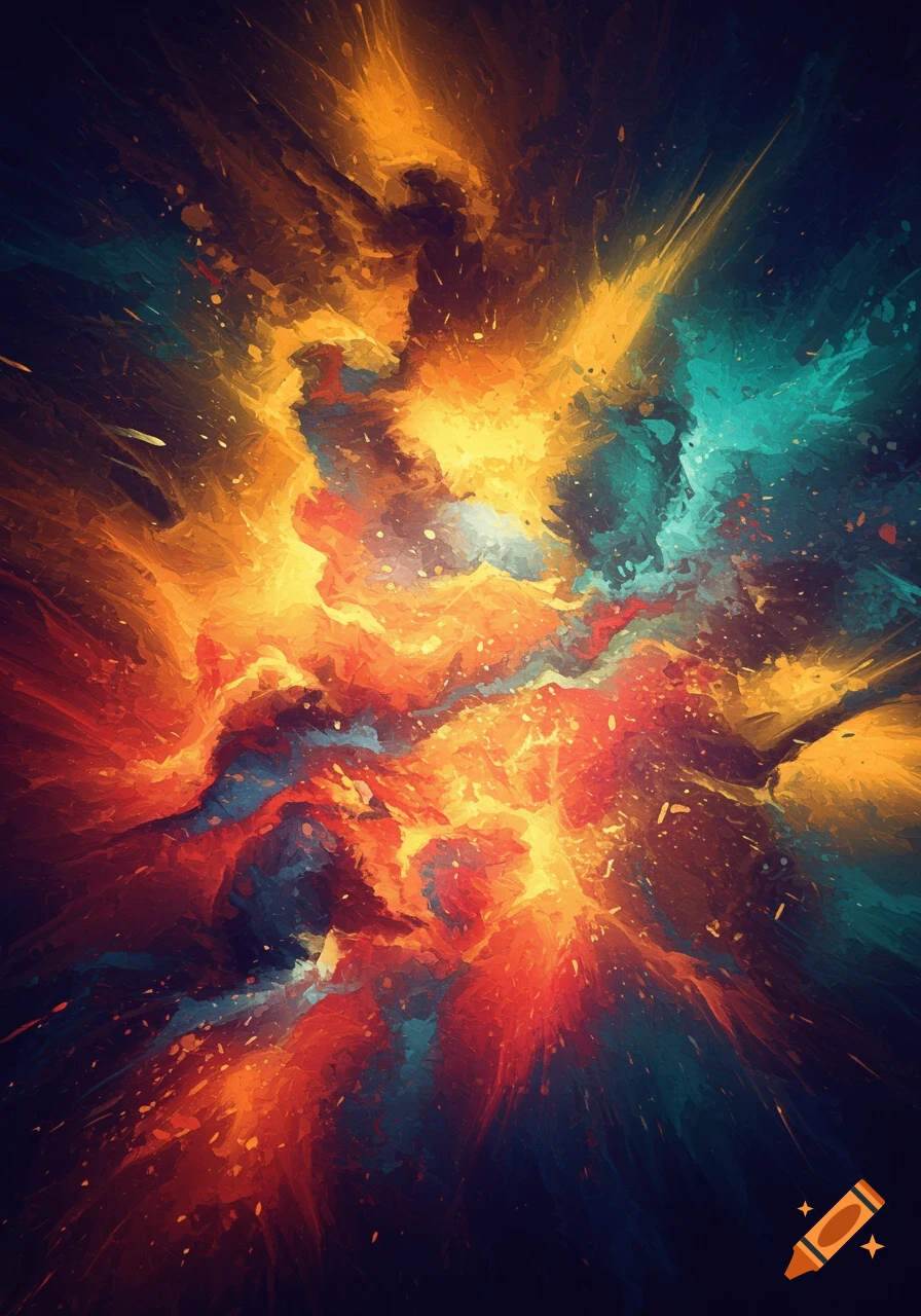 Vibrant cosmic explosion with a central orange and blue eye-like nebula ...
