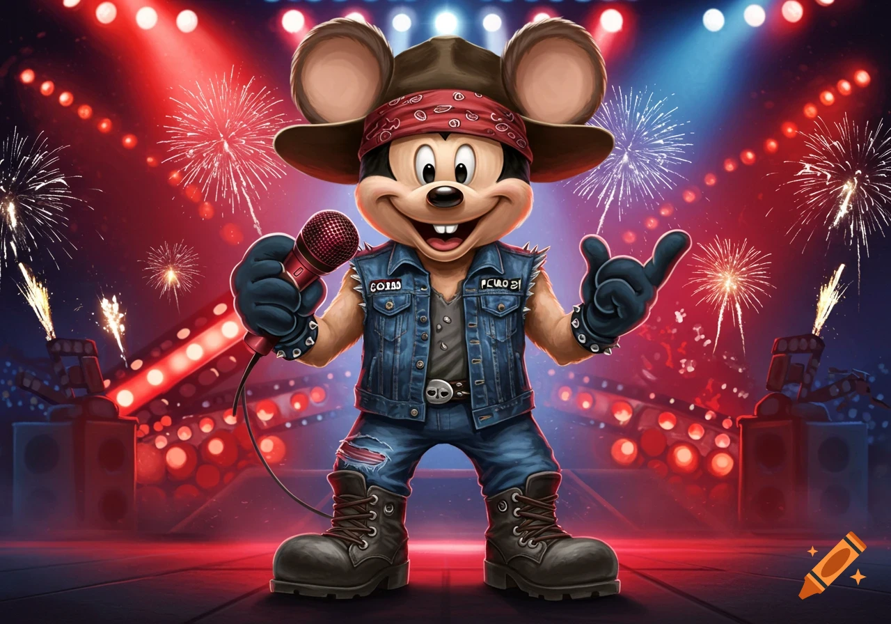 CGI Mickey Mouse in his classic 1930s style stands on a cobblestone ...