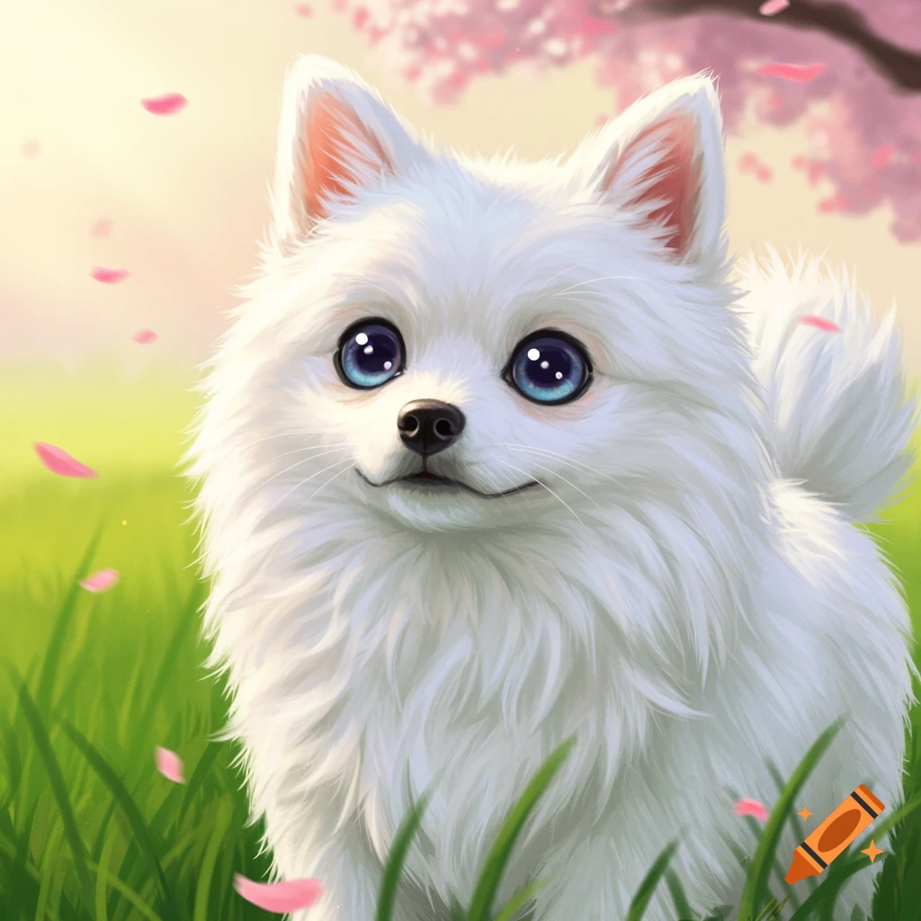 A cute cartoon white Japanese Spitz dog with large blue eyes smiles ...