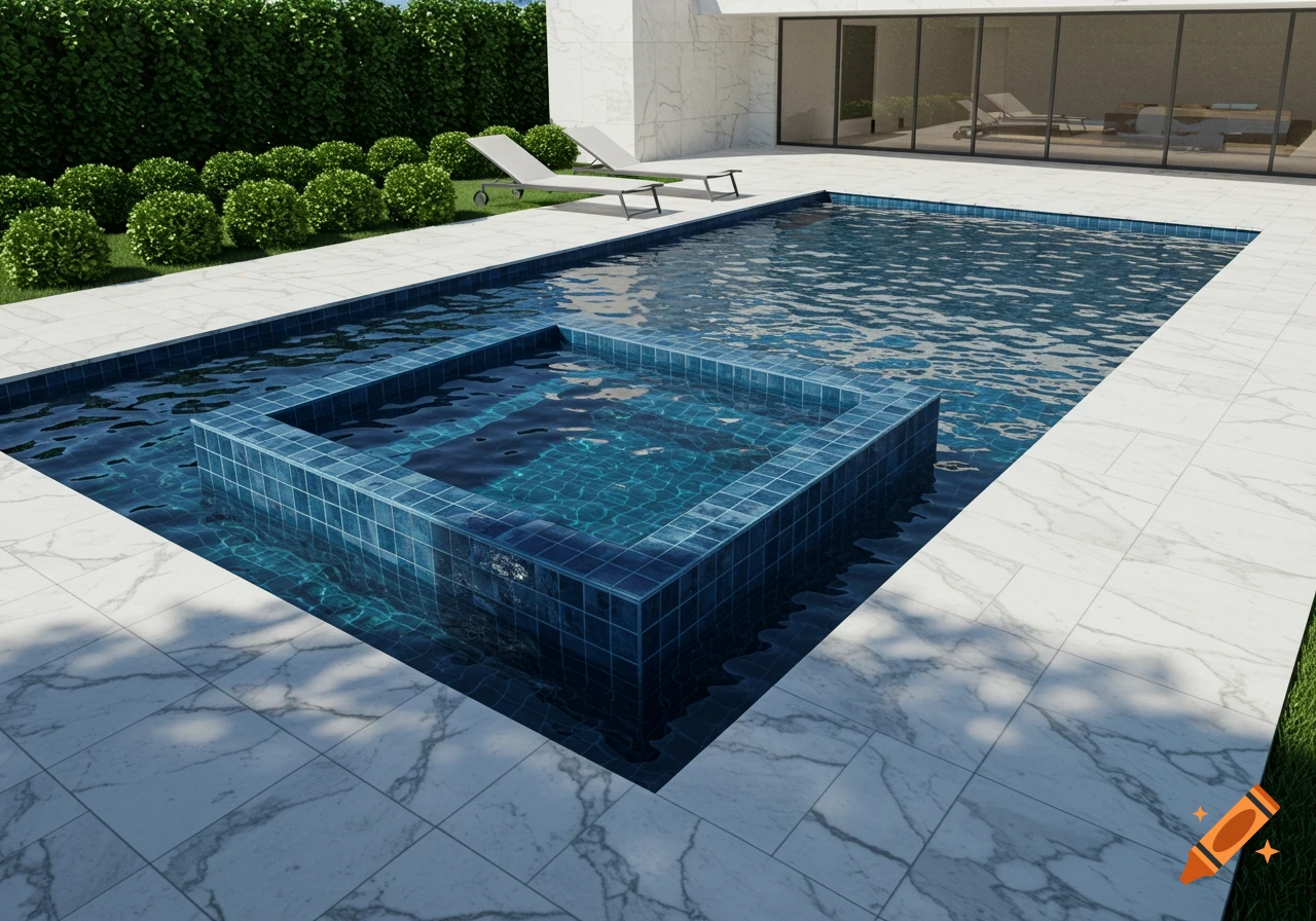 A photorealistic rendering of a modern outdoor swimming pool and hot ...