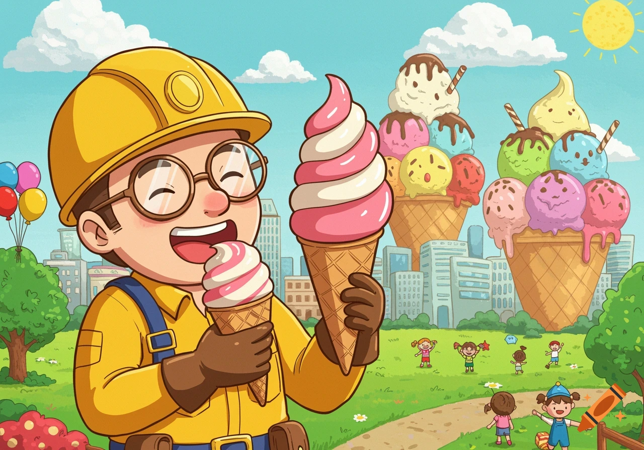 Cartoon illustration of a giant smiling ice cream cone with a child ...