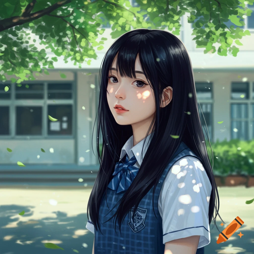 Anime girl with black hair in a blue school uniform stands under a tree ...