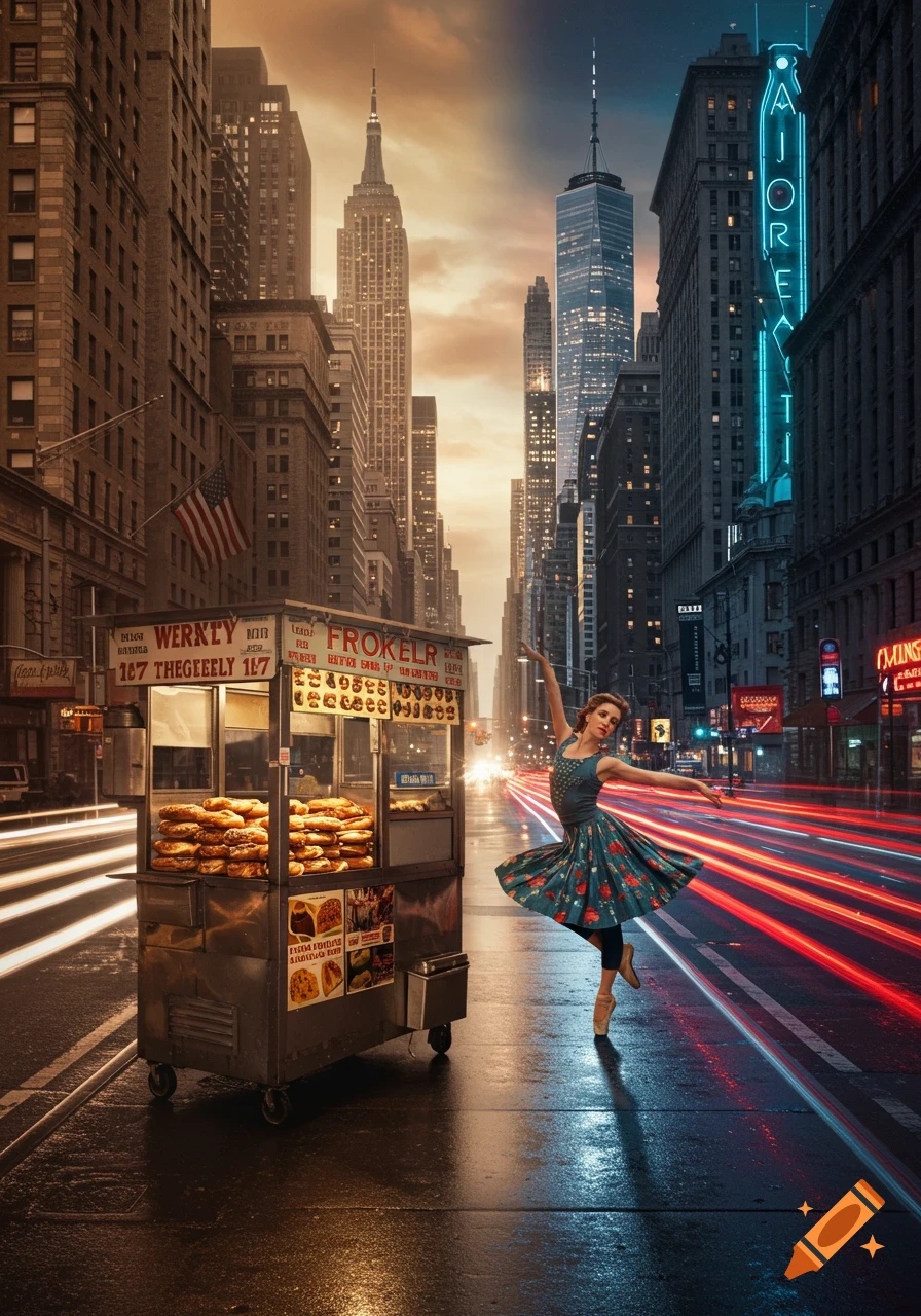 Photorealistic image of a female dancer in a colorful dress posing on a ...