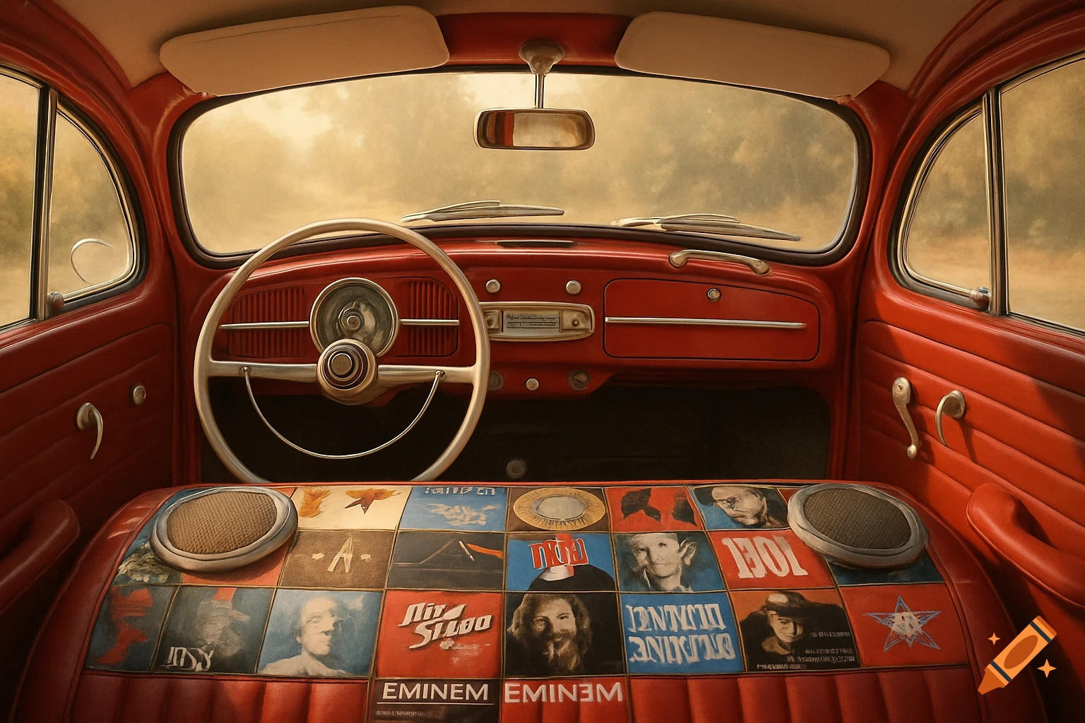 A snowy red vintage car parked in front of an 'AUTO REPAIR' shop ...
