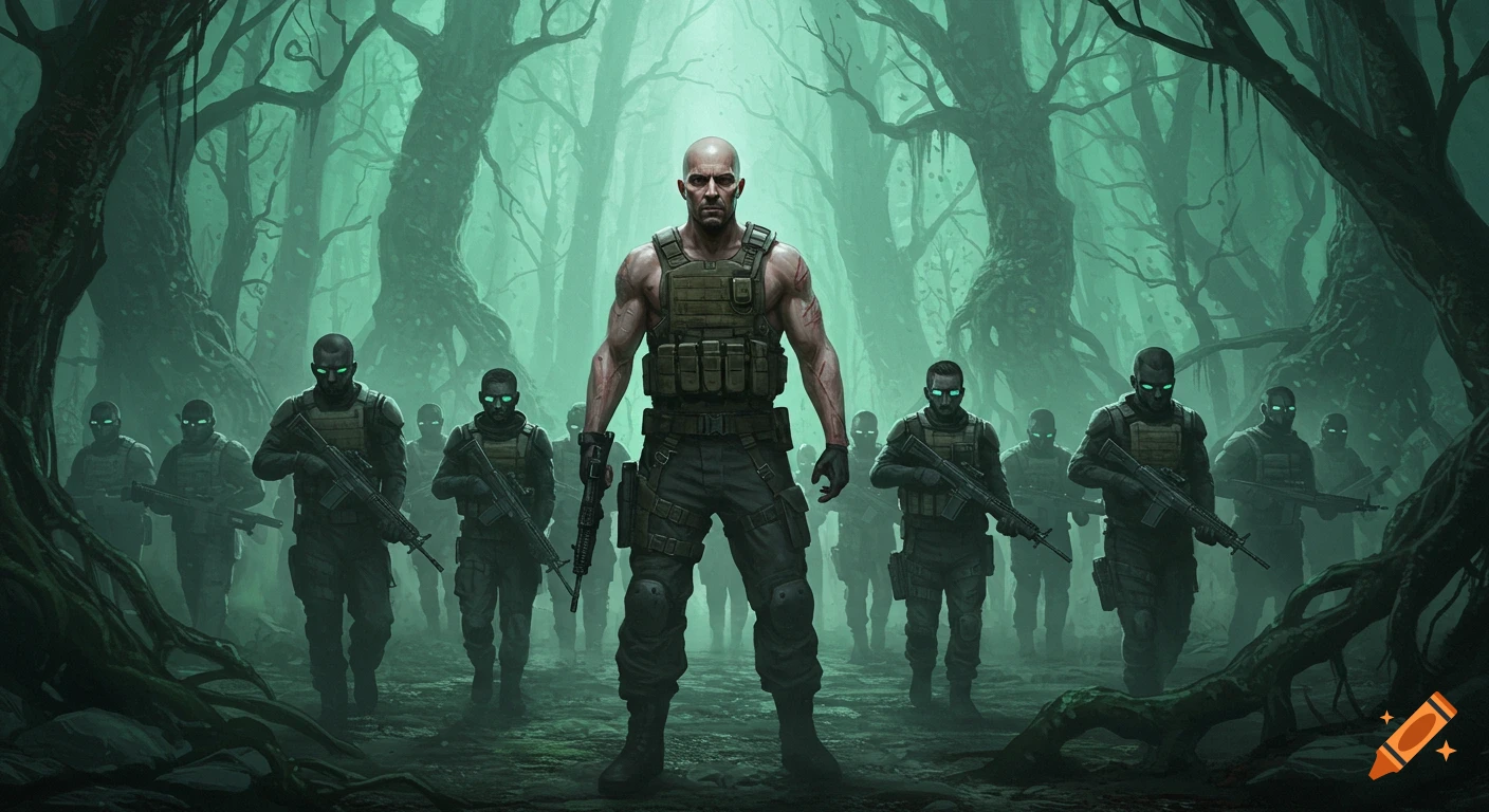 A bald, muscular man in tactical gear leads soldiers with glowing green eyes through a dark ...