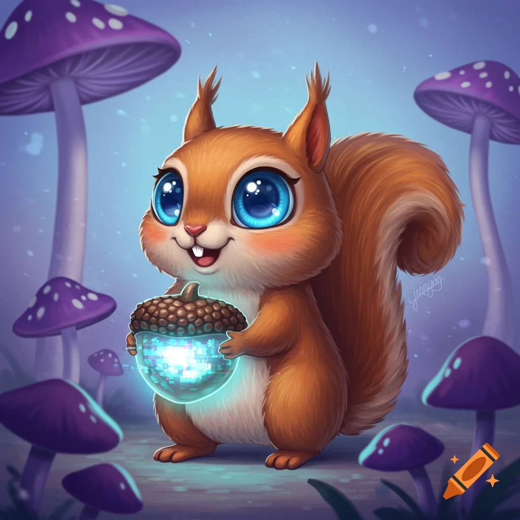 A cute cartoon squirrel with large blue eyes holds a glowing, glitch ...