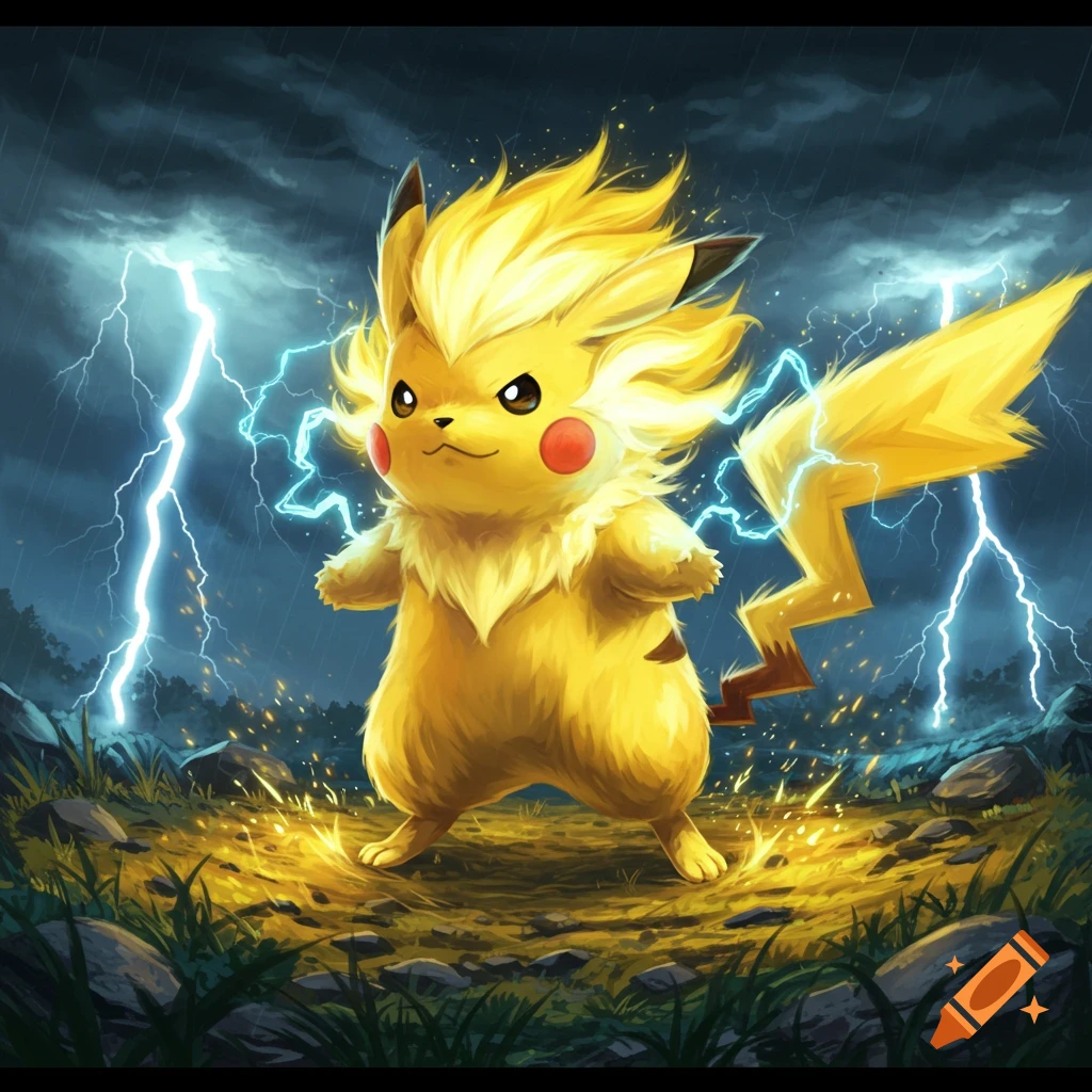 An epic depiction of Pikachu with spiky fur and red cheeks, surrounded by lightning in a dark ...