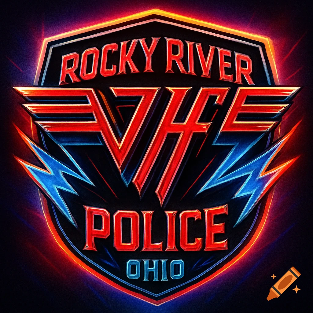 A neon, retro-style police logo for Rocky River Ohio, featuring a ...