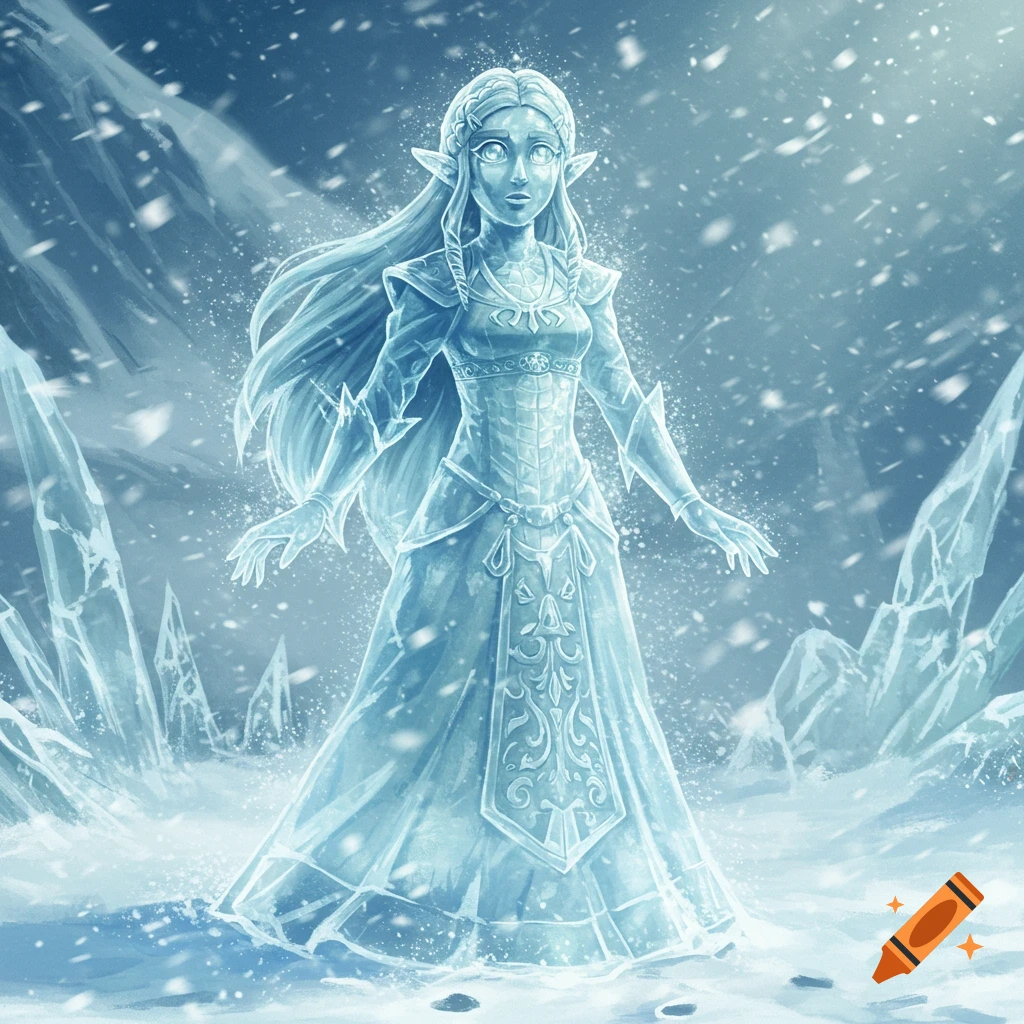 Surprised Zelda ice statue in a snowy, icy landscape with falling snow ...