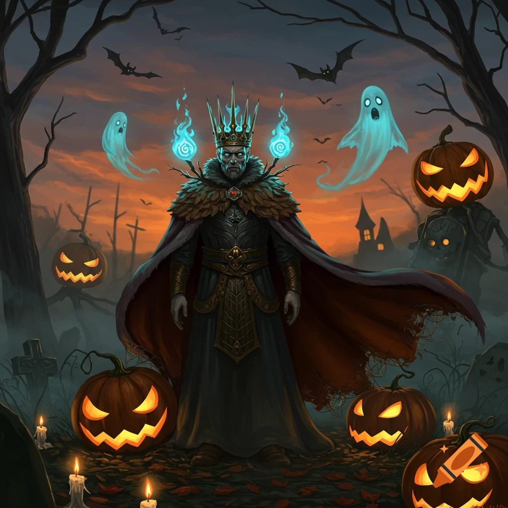 A spooky Halloween king with a glowing crown stands in a graveyard ...