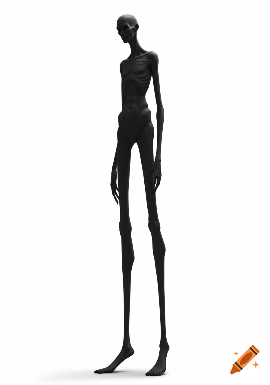 A tall, dark, extremely slender and long-limbed figure stands on a ...