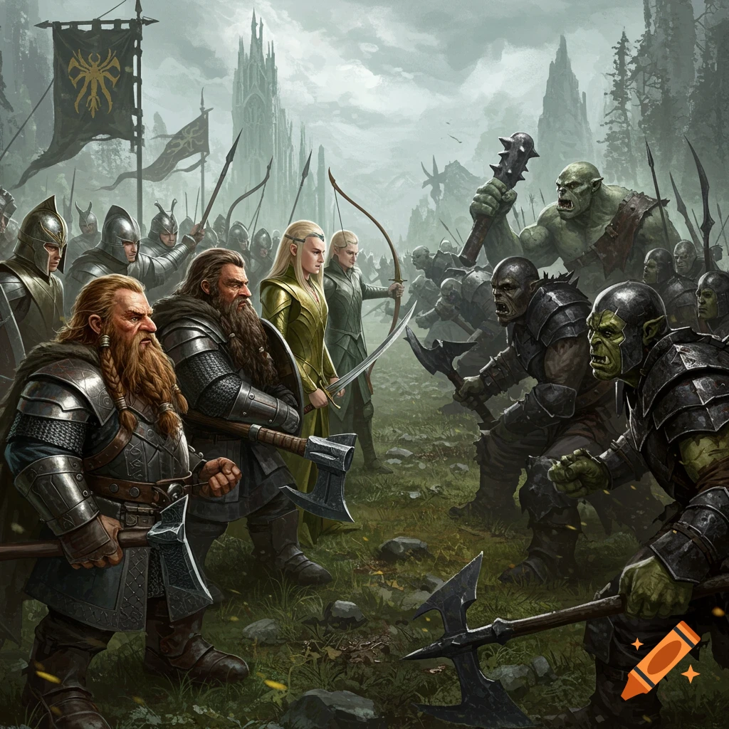 A detailed fantasy illustration of a battle scene with dwarves, elves ...