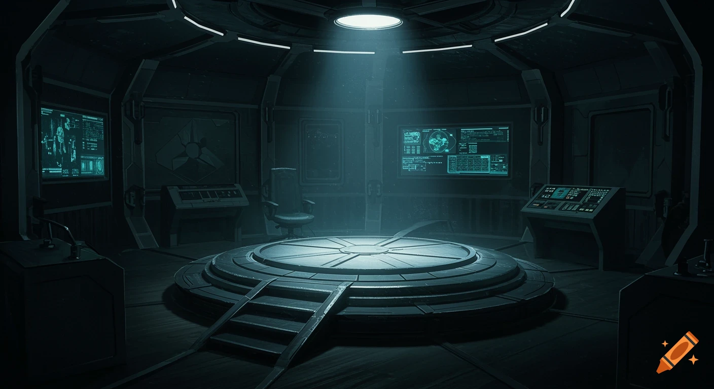 A dark, futuristic military control room with glowing blue computer ...