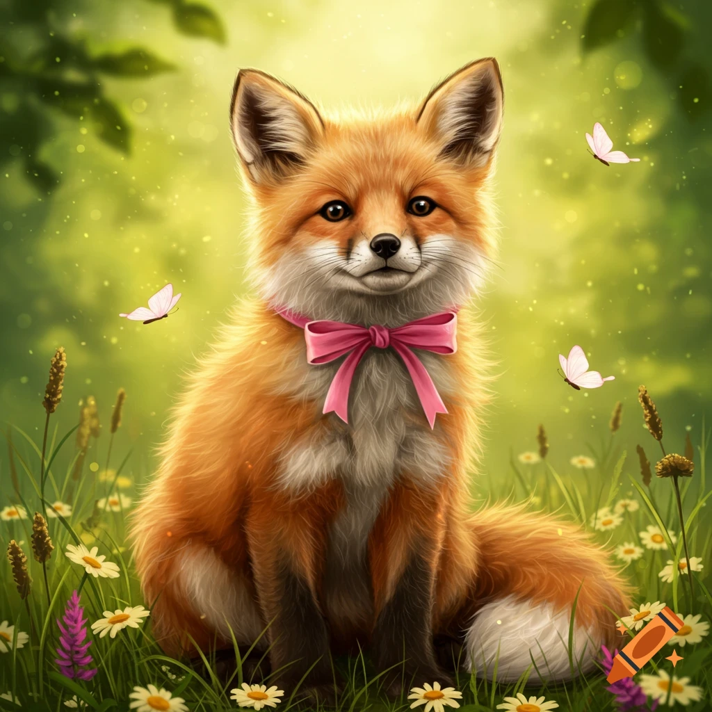 A cute pink fox with white fur on its chest and tail sits in a vibrant ...