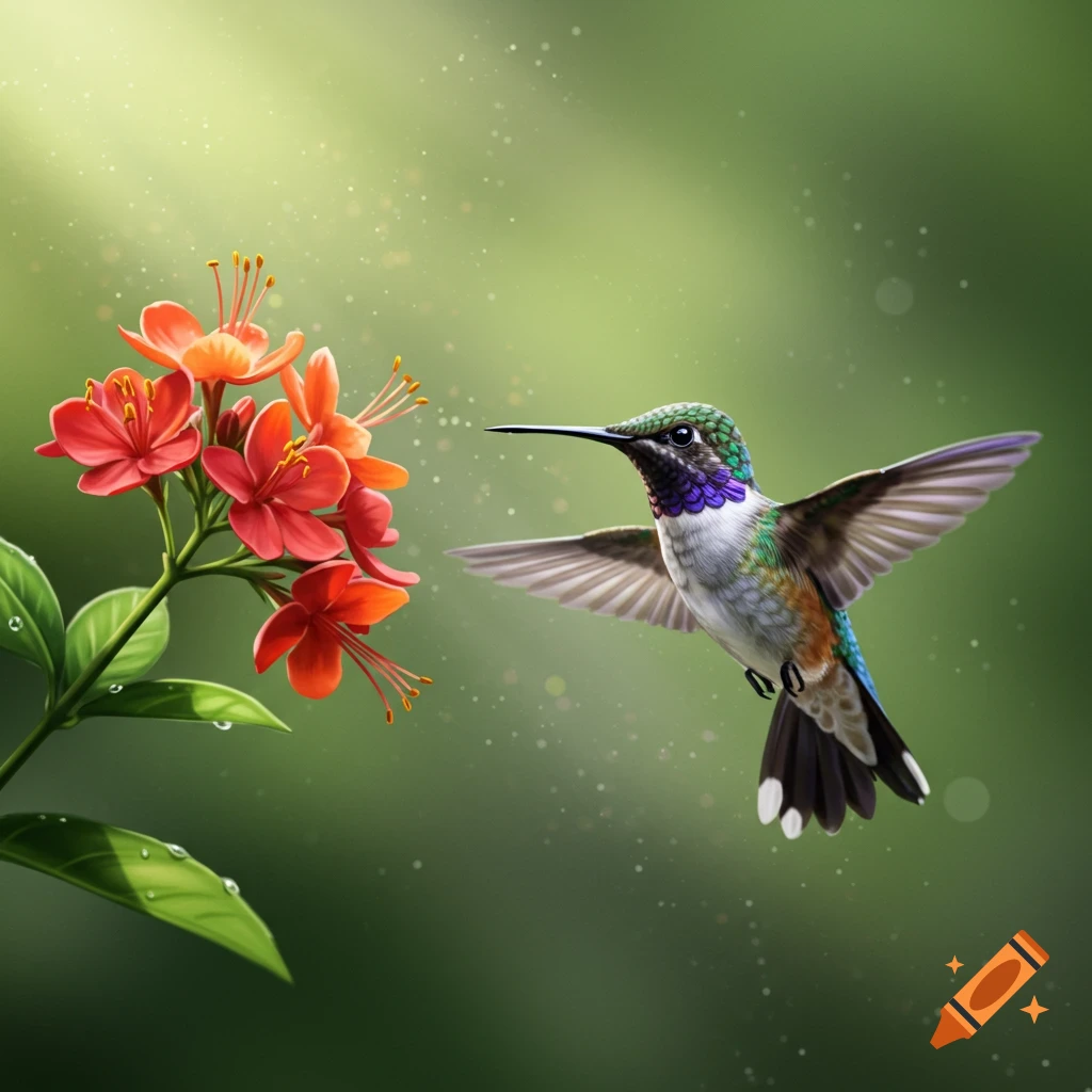 A vibrant, iridescent hummingbird flies between two open hands in a ...