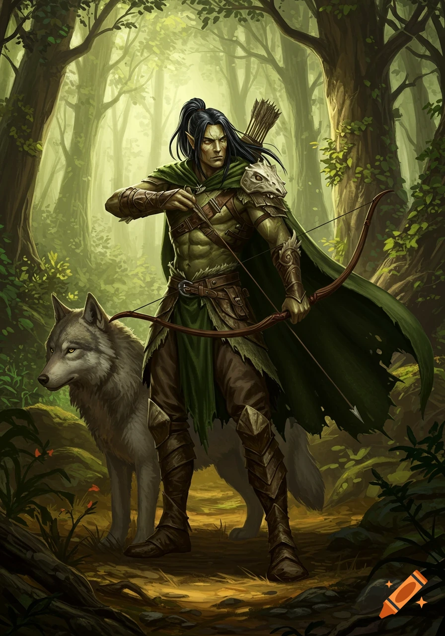 A green goblin wearing a cowboy hat with feathers, a tribal cloak, and ...