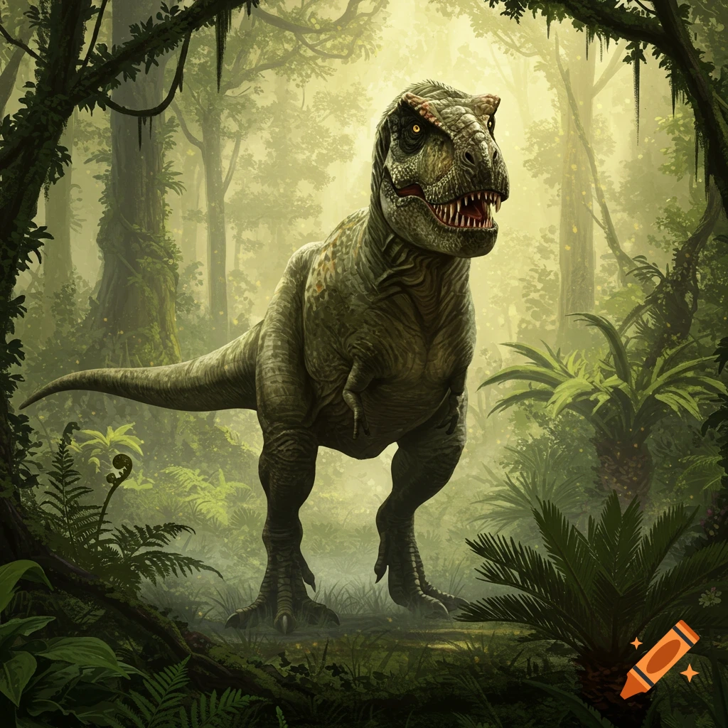 A realistic T-rex stands in a lush, misty jungle with thick foliage. on ...