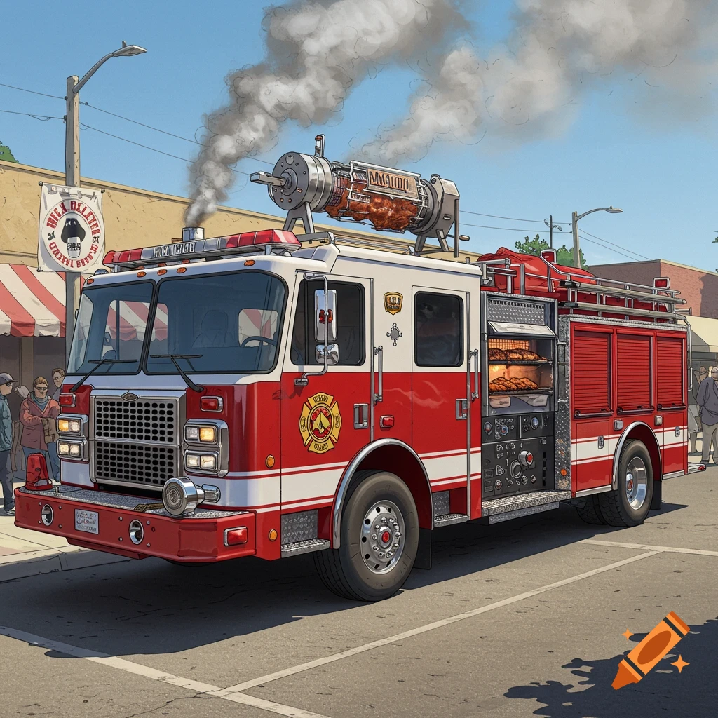 A vibrant red and white firetruck, converted into a BBQ truck, features ...