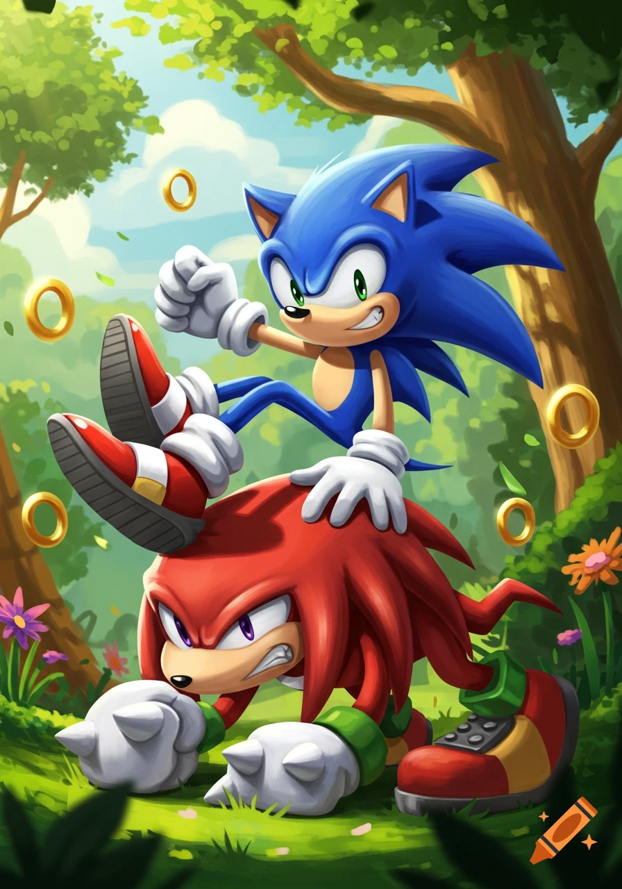Sonic the Hedgehog stepping on Knuckles the Echidna's head in a forest ...