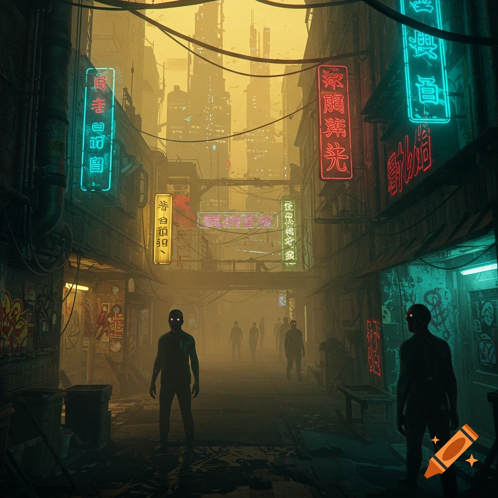 A dark, foggy cyberpunk alleyway with glowing neon signs and shadowy ...