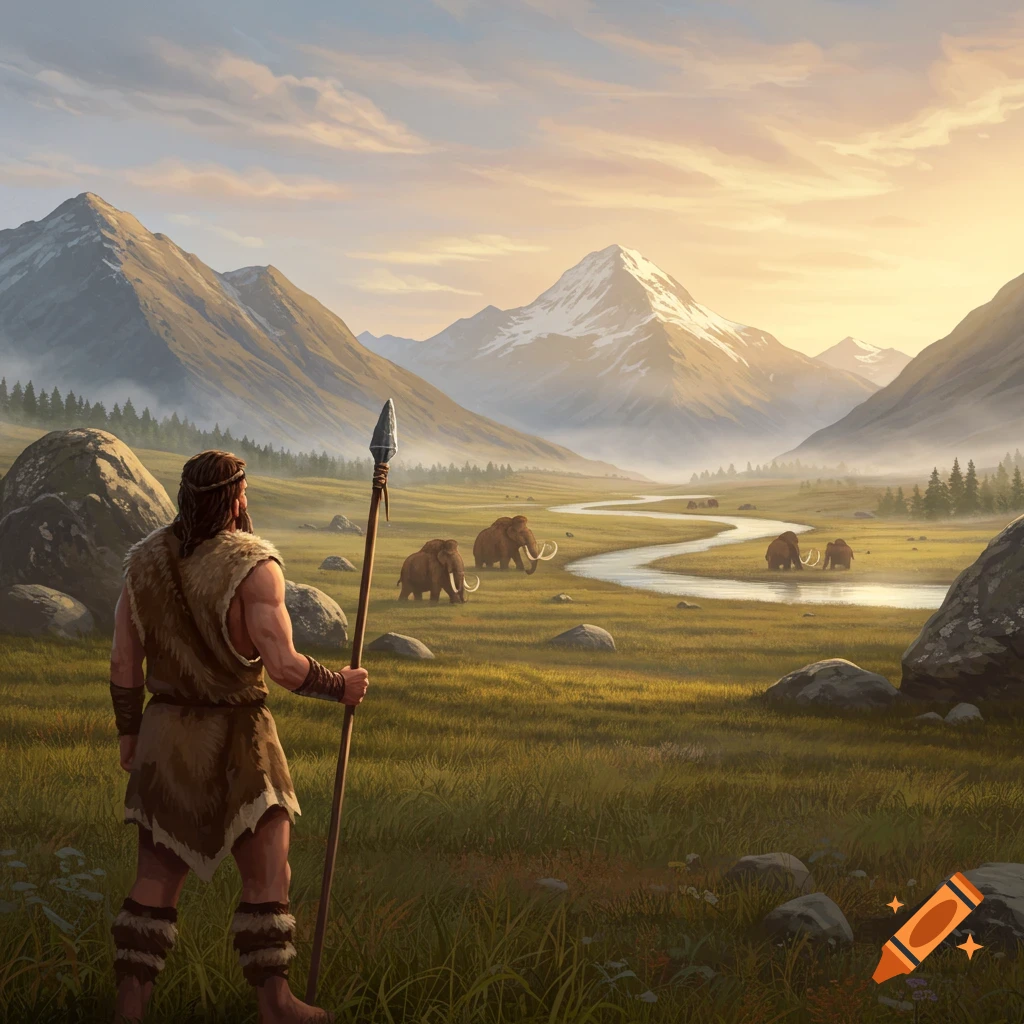 A prehistoric man with a spear looks across a vast valley with a river ...