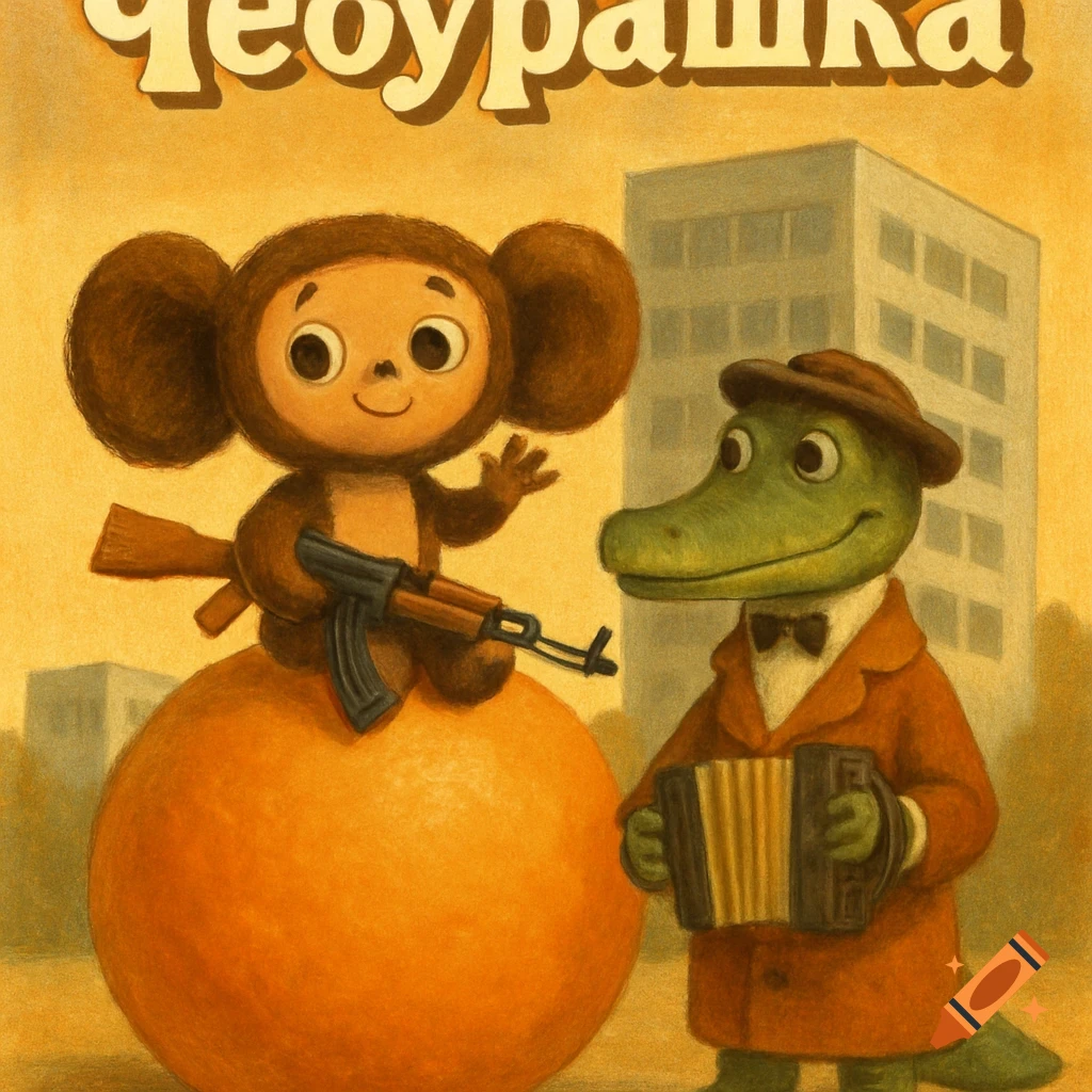Cheburashka with an AK-47 atop an orange, waving to Crocodile Gena ...