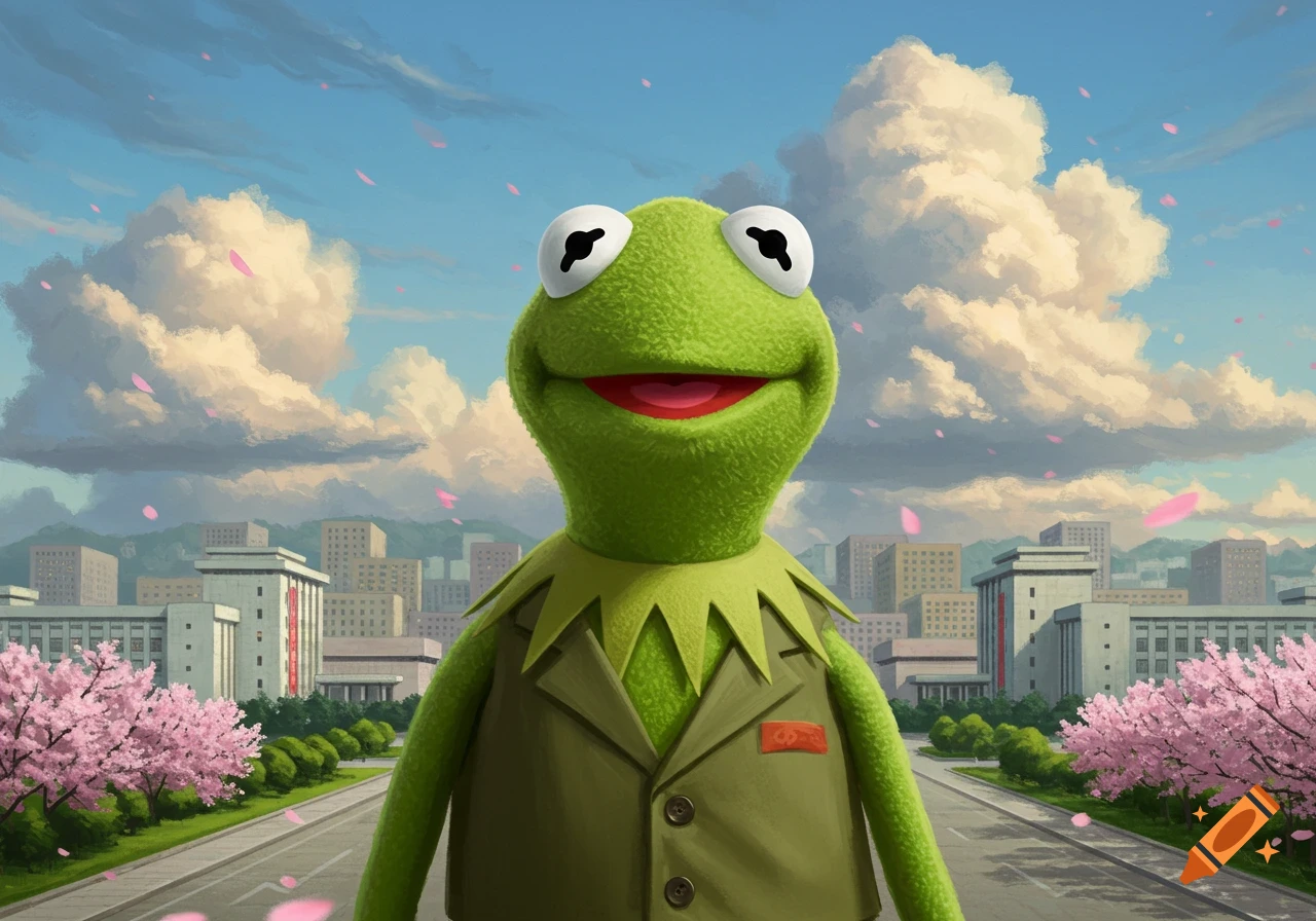 Anime-style Kermit the Frog in a pink jacket stands on rocks by a pond ...