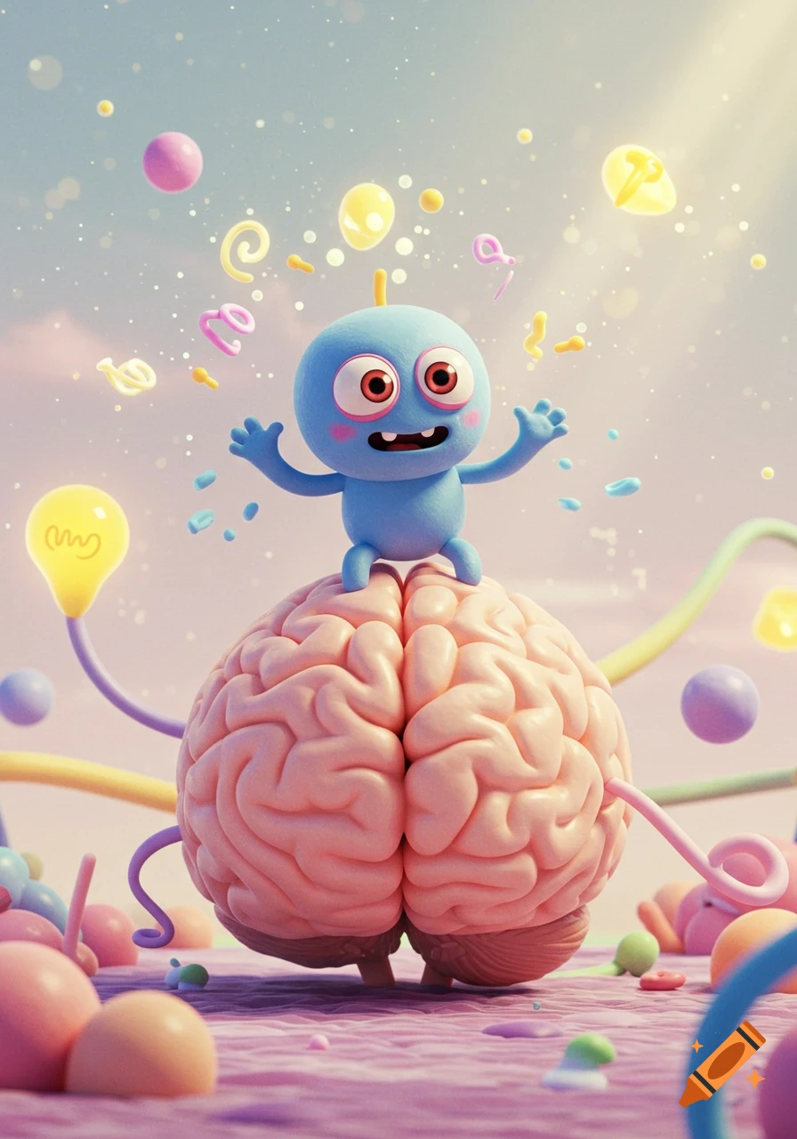A cute cartoon pink brain with large eyes and a band-aid on top ...