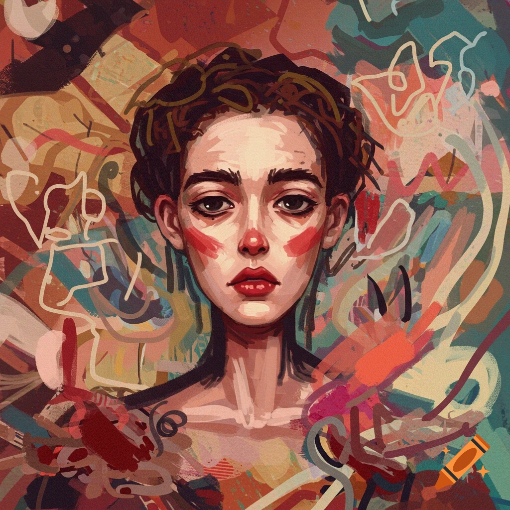 A stylized portrait of a person with large eyes and colorful features ...