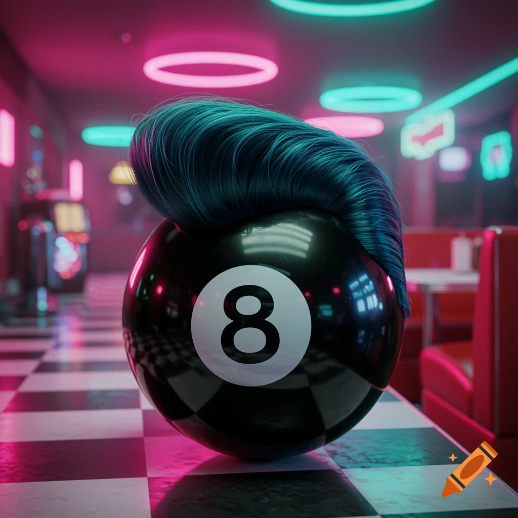 A black 8-ball with teal rockabilly hair sits on a checkered table in a ...