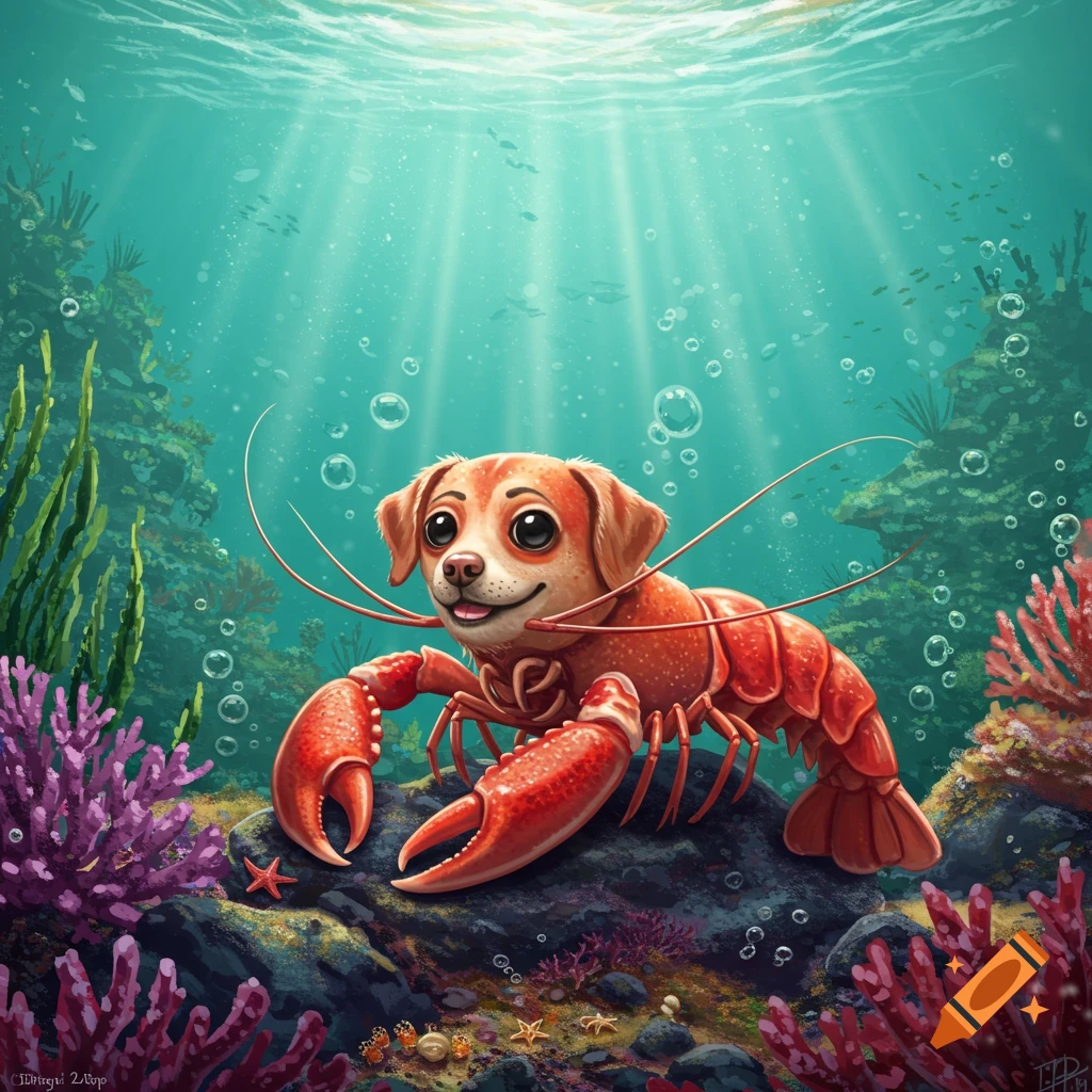 Cartoonish dog-faced lobster smiles underwater amidst colorful coral ...