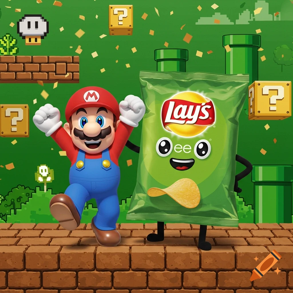 Mario jumping next to a green Lay's chip bag with a cartoon face and a ...