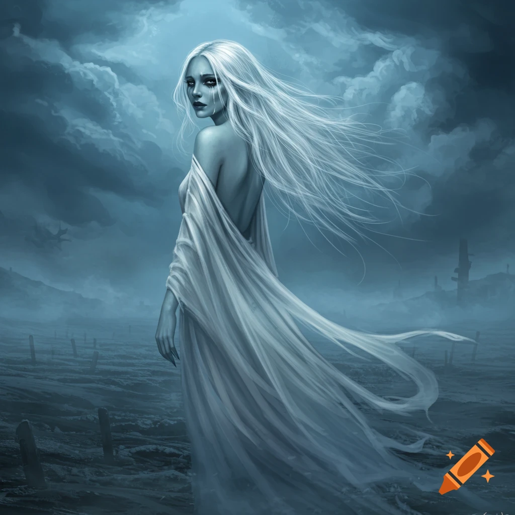 A pale banshee woman with long white hair looks back sadly and angrily ...
